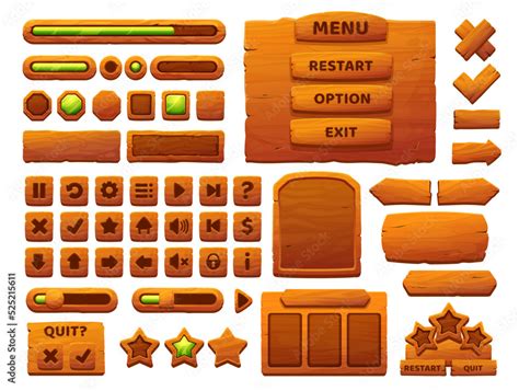 Wooden Buttons Cartoon Interface UI Game GUI Elements With Wooden