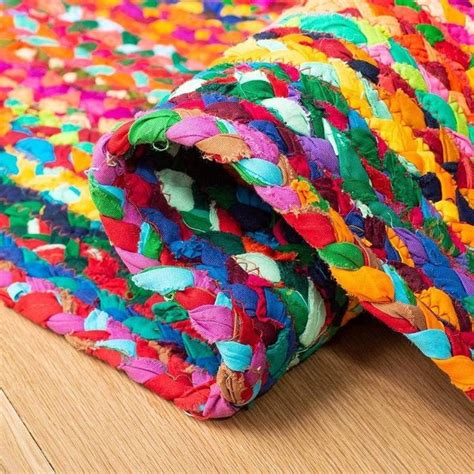 Hand Braided Bohemian Colorful Cotton Chindi Area Rug Multi Color Home