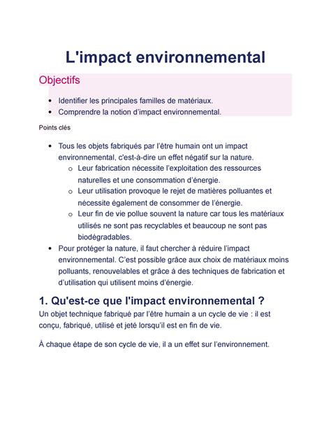 L Impact Environnemental L Impact Environnemental Objectifs