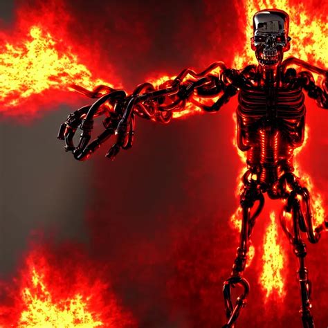 Terminator Endoskeleton With Red Glowing Eyes And Fire Stable