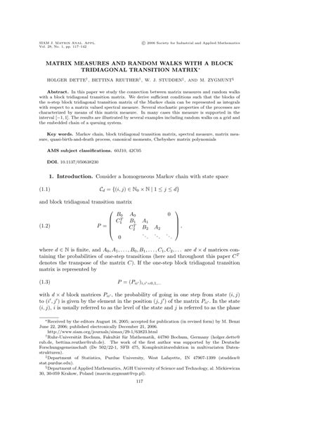 pdf matrix measures and random walks with a block tridiagonal transition matrix