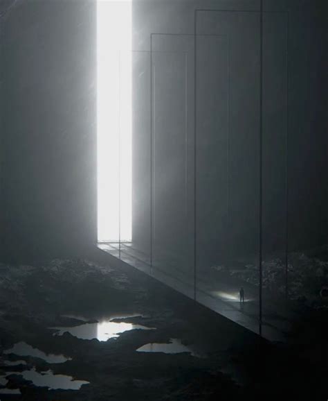An Open Door In The Middle Of A Dark Room With Puddles On The Floor