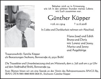 Traueranzeigen von Günther Küpper WirTrauern