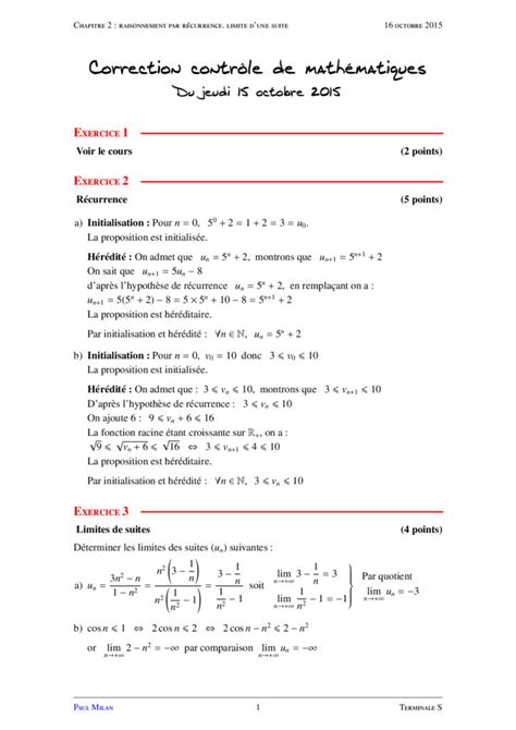 Raisonnement par récurrence Limites de suites Maths Terminale S