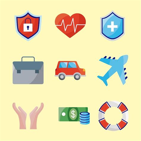 Nueve Iconos De Servicio De Seguros Vector Premium
