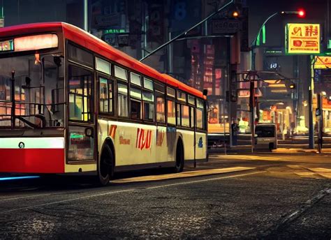 Trolleybus Stands At A Stop Headlights Shine With Stable Diffusion