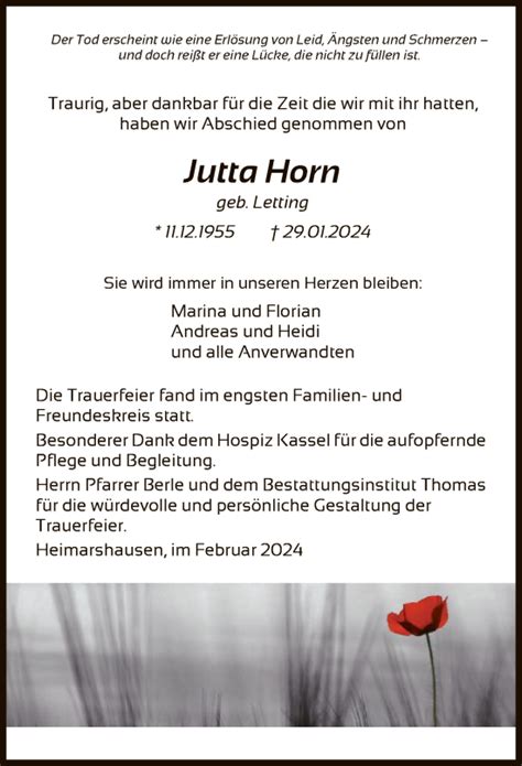 Traueranzeigen Von Jutta Horn Trauer HNA De