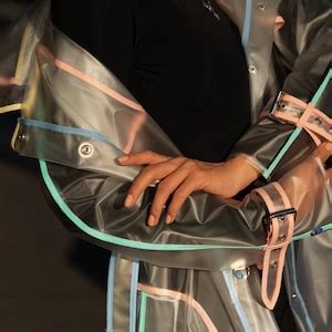 Street Style Translucency Tpu Trench Rain Coat With Multicolored Trim