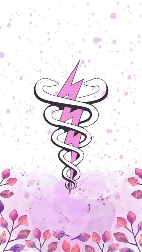 A Drawing Of A Medical Symbol With Pink Flowers And Purple Leaves On