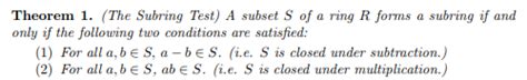solved theorem 1 the subring test a subset s of a ring r