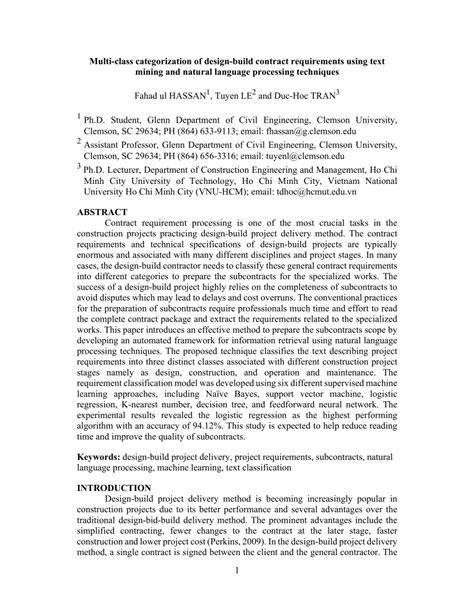 pdf multi class categorization of design build contract requirements using text mining and