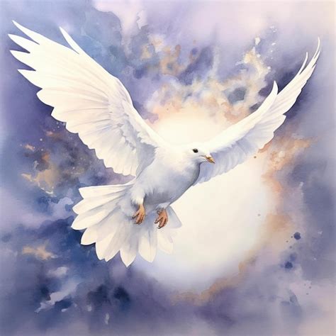 Pintura De Una Paloma Blanca Volando En El Cielo Con Un Sol De Fondo Ai