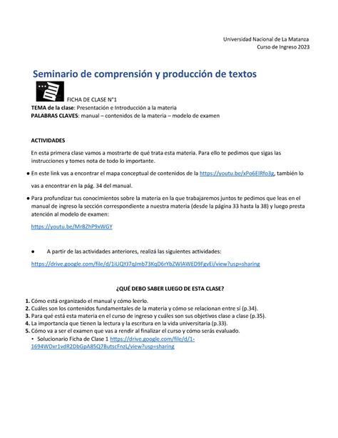 Ficha DE Clase 1 23 1 Universidad Nacional De La Matanza Curso De
