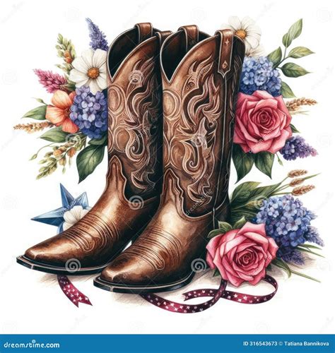 Cowboy Boots With Flowers And Ribbons Watercolor Illustration Stock