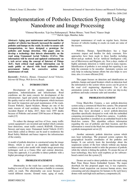 pdf implementation of potholes detection system using nanodrone and image processing