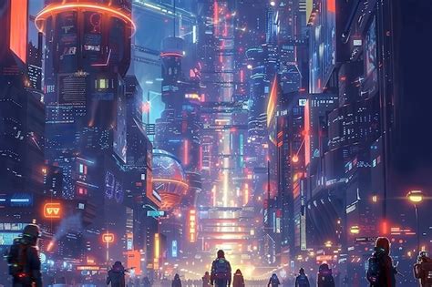 La calle de la ciudad cyberpunk por la noche con luces de neón y