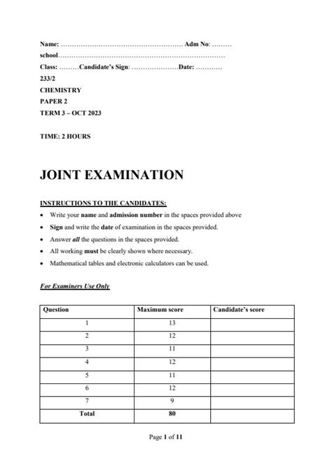 2023 Form 3 Chemistry Paper 2 End Of Term 3 Examination With Marking