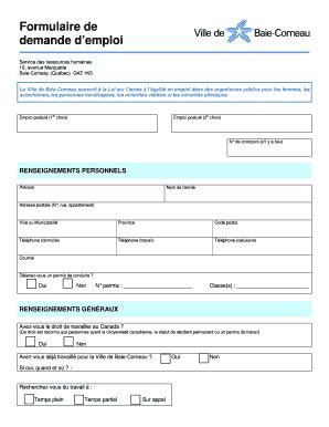 Fillable Online Ville Baie Comeau Qc Formulaire De Demande D Emploi