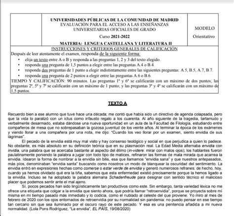 SELECTIVIDAD 2022 Este Es El Modelo De Examen De Lengua Y Literatura