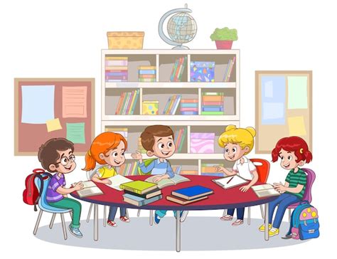 Grupo de niños sentados en el escritorio de la biblioteca escolar y