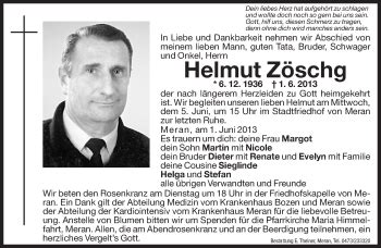 Traueranzeigen von Helmut Zöschg Trauer bz