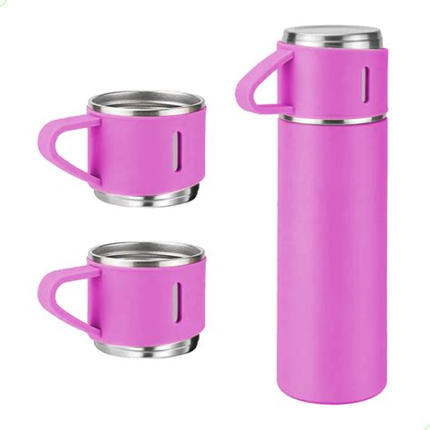 Garrafa Térmica a Vácuo Inox Kit 3 Xícaras Rosa Pink Vacuum Flask Set 500ml