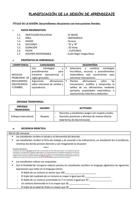 Sesión Matemática PLANIFICACIÓN DE LA SESIÓN DE APRENDIZAJE TÍTULO DE