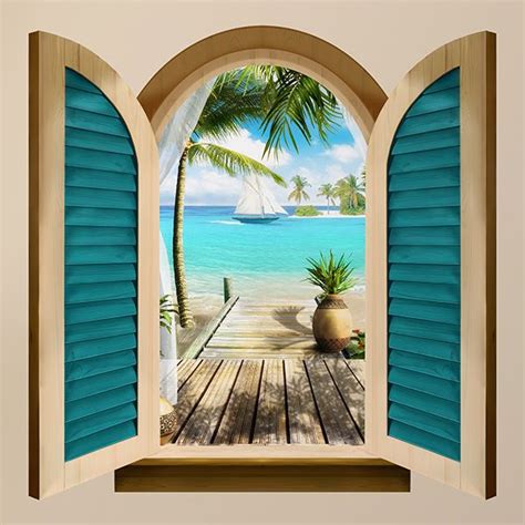 Sticker muraux de fenêtre paradis de la mer Trompe loeil dune