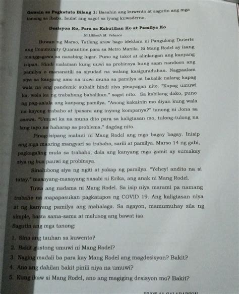 Gawain Sa Pagkatuto Bilang Basahin Ang Kwento At Sagutin Ang Mga