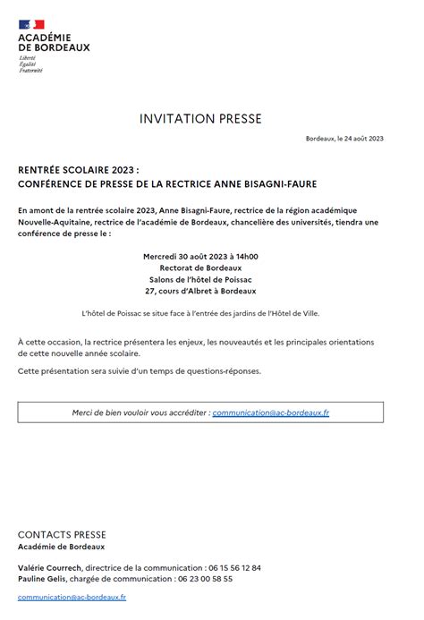 Invitation presse Rentrée scolaire 2023 Conférence de presse de la