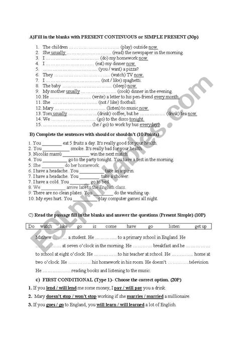 English Tenses Übungen PDF Nehru Memorial