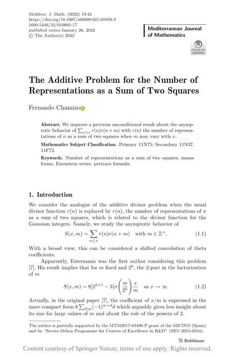 pdf the additive problem for the number of representations as a sum of two squares