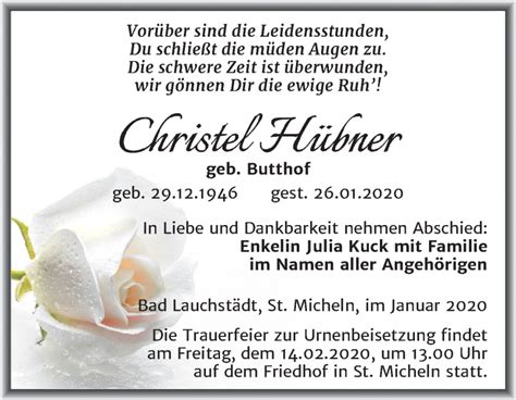 Traueranzeigen von Christel Hübner abschied nehmen de