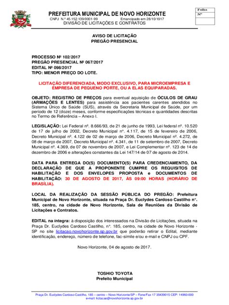Preenchível Disponível publicacao novohorizonte sp gov OBJETO REGISTRO