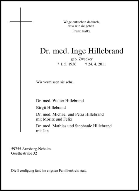 Trauer Und Todesanzeigen Von Inge Hillebrand Trauer De