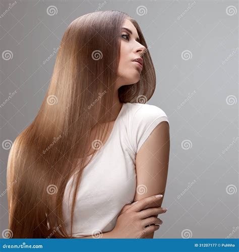 Longs Cheveux Belle Femme Avec Les Cheveux Sains De Brown Image Stock