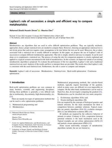 laplace s rule of succession a simple and efficient way to compare metaheuristics request pdf
