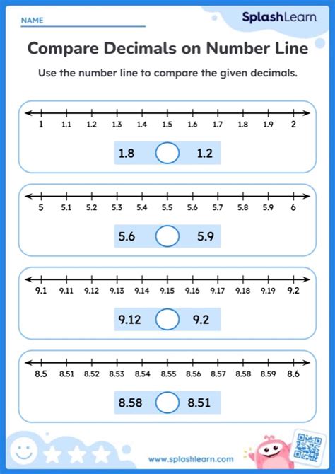 Compare Decimals Greater Than 1 Using Number Line Worksheet