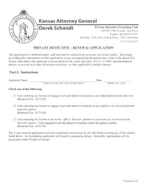 Fillable Online Ag Ks PRIVATE DETECTIVE RENEWAL APPLICATION Part I