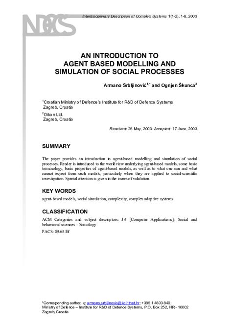 pdf an introduction to agent based modelling and simulation of social processes ognjen