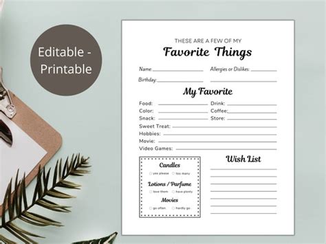 Editable My Favorite Things Printable Questionnairewish List Etsy