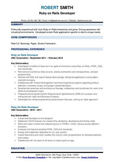 ruby on rails developer resume samples qwikresume