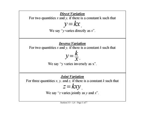 direct inverse and joint variation in college algebra math 1310 docsity