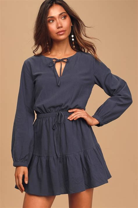 Cute Navy Blue Dress Long Sleeve Mini Dress Skater Dress Lulus