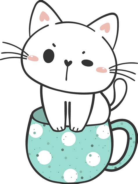 Cute Kawaii Playful Kitten Cat In Ceramics Coffee Mug Cartoon Doodle