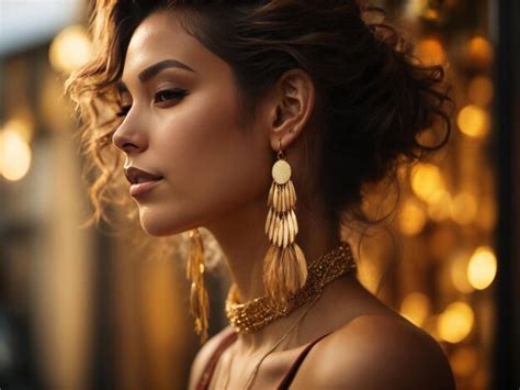 Premium AI Image Golden Creative Earring Hanging On A Womans Ear