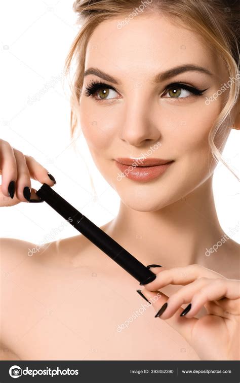 Naked Beautiful Blonde Woman Makeup Black Nails Holding Mascara