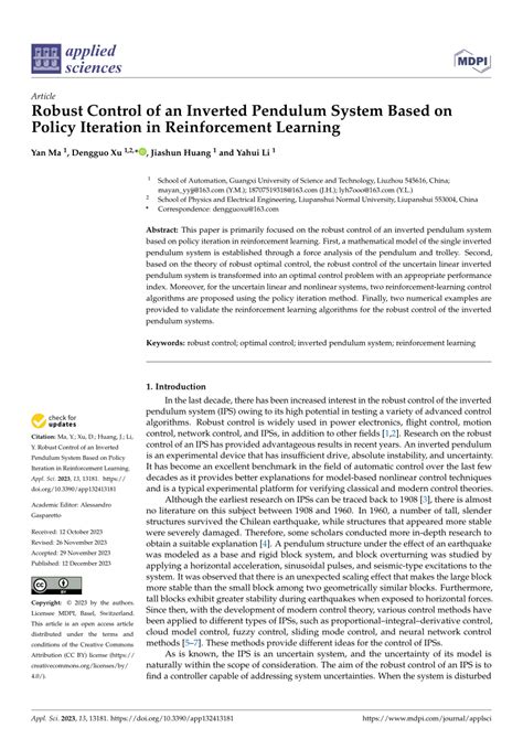 pdf robust control of an inverted pendulum system based on policy iteration in reinforcement
