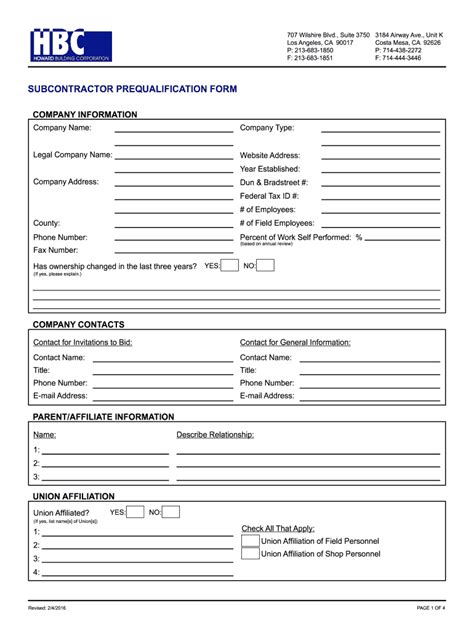 2016 HBC Subcontractor Prequalification Form Fill Online Printable