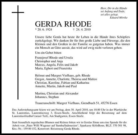 Traueranzeigen Von Gerda Rhode Trauer In NRW De